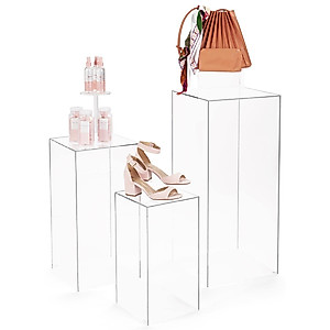 Displays2go Set of 3 Pedestals for Floor, Square Tops, 3 Sizes, Fillable, Acrylic - Clear (SMCLRPED3)