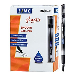 Linc Glycer Smooth Ball Point Pen, Soft Grip, 1.00mm Tip, 36-Count, Black