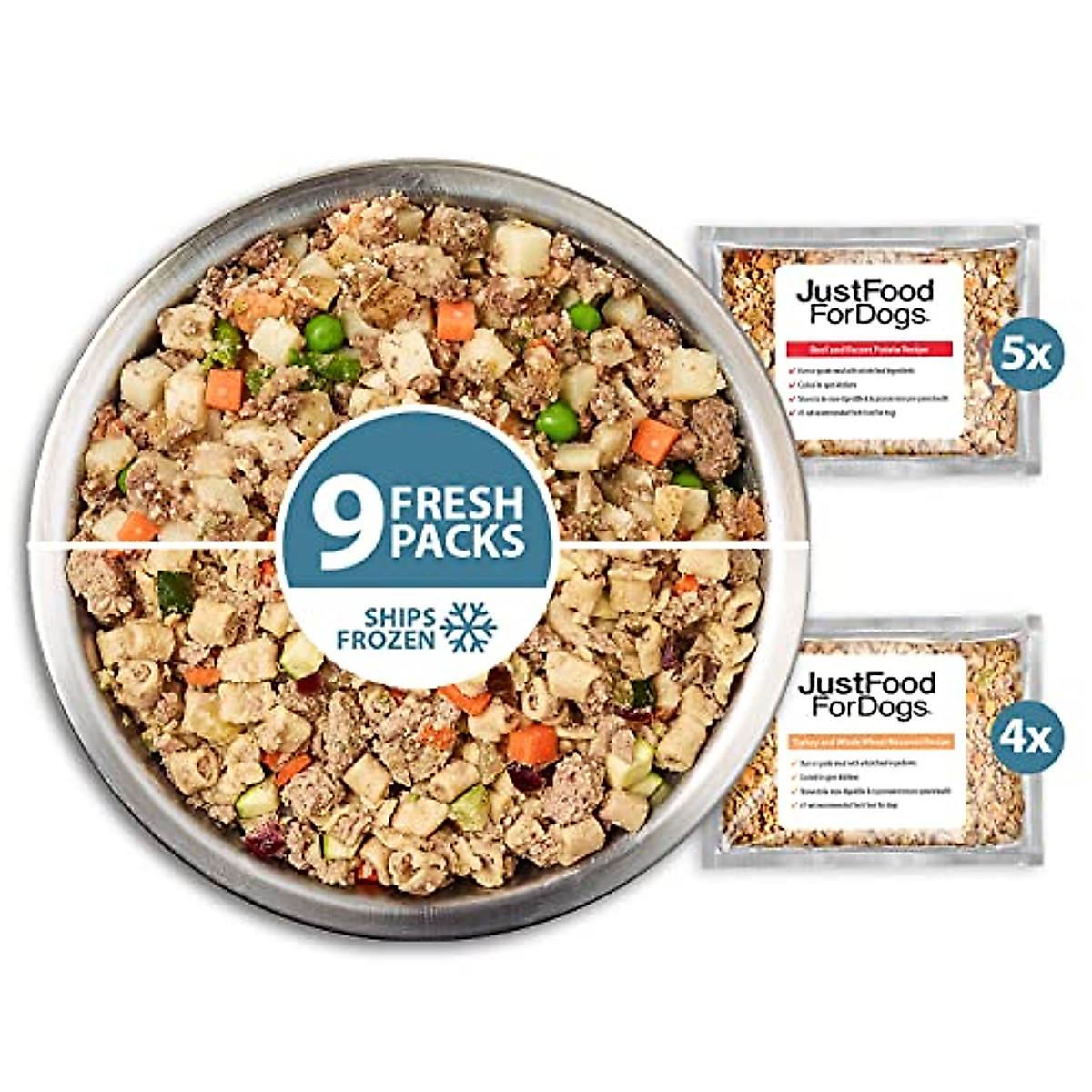 JustFoodForDogs Frozen Fresh Dog Food Topper Starter Pack, Beef & Turkey Recipes, 5.5 oz (Pack of 9)