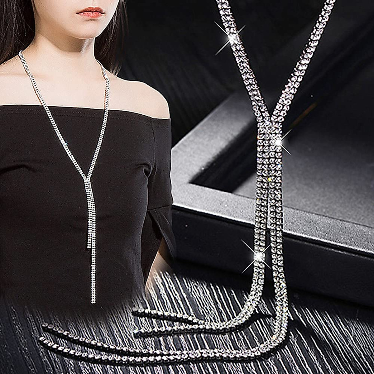 Sither Silver Crystal Necklace for Women Long Sweater Chain Statement Necklace for Wedding Jewelry for Dressy Winter Evening Party