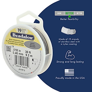 19 Strand Stainless Steel Bead Stringing Wire.015 in (0.38 mm), Satin Silver, 30 ft (9.2 m)