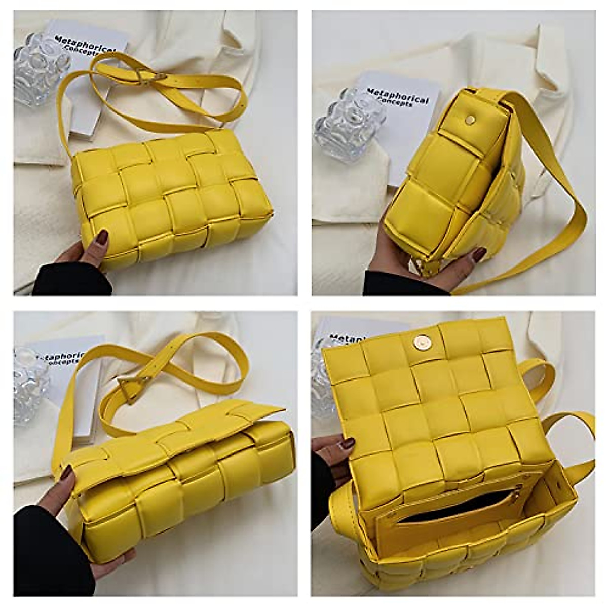 Womens Woven Soft Leather Crossbody Handbag Purse, Small Shoulder Messenger Bag Clutch Wallet Square Bag (Khaki)