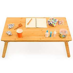 Adjustable Large Size Laptop Desk,Bamboo Lap Table Bed Tray,Foldable 4 Legs Serving Tray Working, Eating and Gaming for Bed,Couch,Floor， 33.5x17.7in