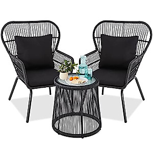 Best Choice Products 3-Piece Patio Conversation Bistro Set, Outdoor All-Weather Wicker Furniture for Porch, Backyard w/ 2 Wide Ergonomic Chairs, Cushions, Glass Top Side Table - Black