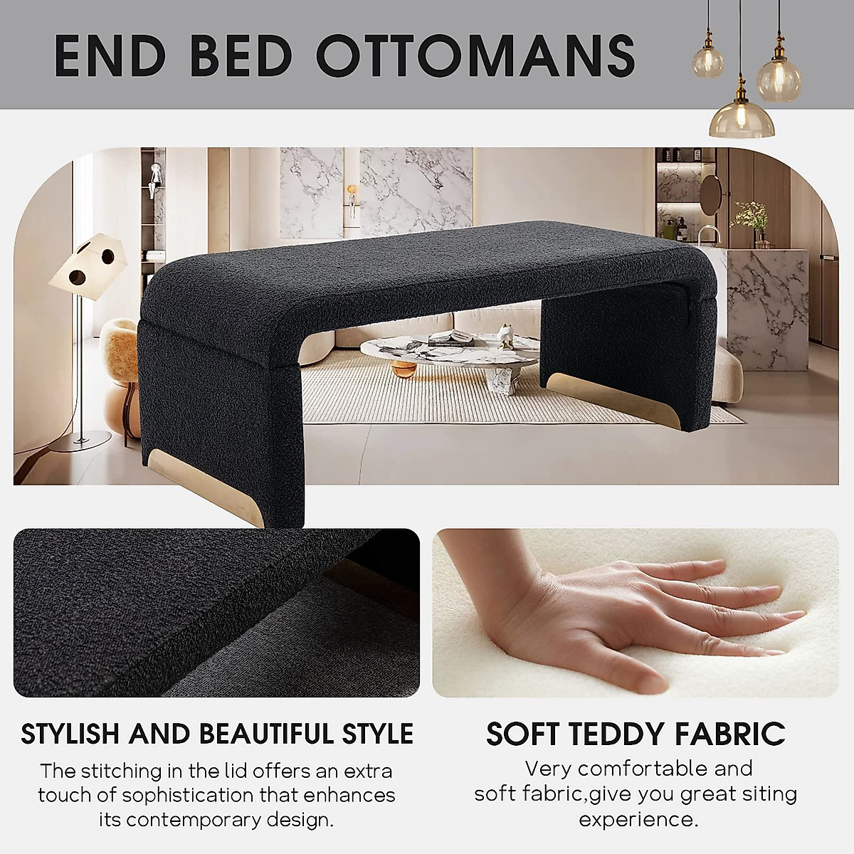 NIOIIKIT 43.3'' Ottoman Bench with Boucle Fabric, Faux Fur End of Bed Bench with Golden Metal Legs, Upholstered Entryway Bench for Living Room, Bedroom, Entryway (Black)