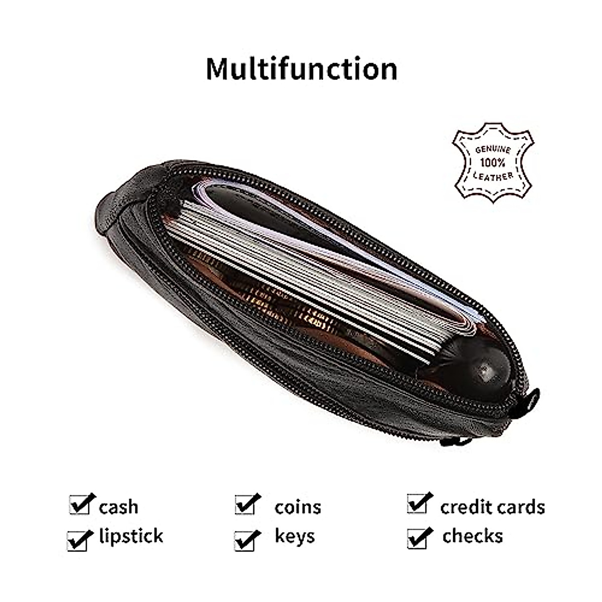 Coin Purse Pouch for Women, Genuine Leather Mini Cash Wallet with Keychain Ring Holder (Black)