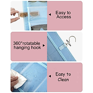 Khikily Hanging Jewelry Organizer, Dust Proof Eyeglasses Holder with 32 Clear Slots, Sunglasses Organizer Storage Wall Mounted, Sunglasses Display With 360-Degree Rotating Hook (Blue)