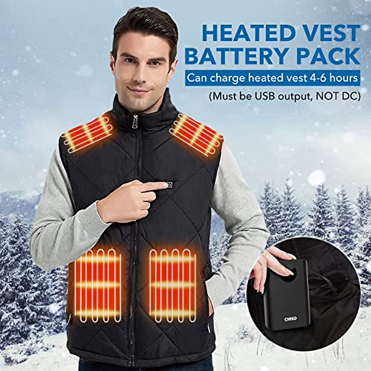 CHHID 5V 2A Heated Vest Battery Pack,PD 22.5W Fast Charging 10000mAh Power Bank,LCD Display Portable Charger with USB-C Fast Charging Cord,Battery Phone Charger for iPhone,Android etc.