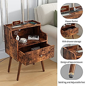 NONGSHIM Nightstand, Side Table with Charging Station, Mid-Century Modern Night Stands, Bedside Table with Storage Drawer and Solid Wood Legs, Accent End Table for Living Room, Bedroom, Rustic Brown