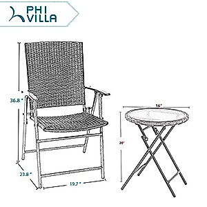 PHI VILLA Rattan Patio Bistro Set,3 Pieces Folding Outdoor Patio Wicker Bistro Set,Patio Table and Chairs Set for Garden,Backyard, Lawn, Porch, Poolside and Balcony,Rattan Style