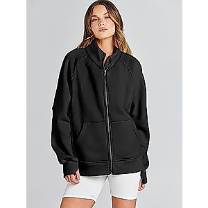 Caracilia Women's Oversized Sweatshirts Long Sleeve Zip Up Y2K Trendy Fashion Sweatshirt Jackets Pullovers Active Comfy Cute Clothes With Thumb Hole C112A0-heise-S Black