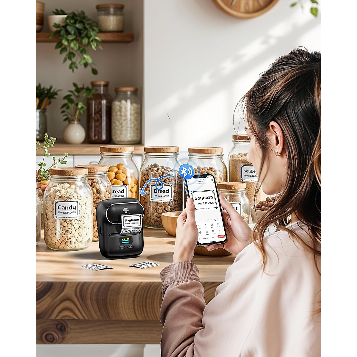 Phomemo M110 Label Makers - Portable Bluetooth Thermal Label Maker Printer for Barcode, Clothing, Jewelry, Retail, Mailing, Compatible with Android & iOS System, with 1pack 40×30mm Label, Black