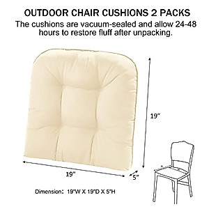 downluxe Outdoor Chair Cushions, Waterproof Tufted Overstuffed U-Shaped Memory Foam Seat Cushions for Patio Funiture, 19" x 19" x 5", Beige, 2 Pack