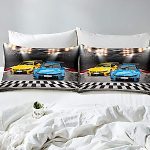 Feelyou Sports Car Bedding Set Extreme Sports Decor Bed Sheet Set for Kids Boys Yellow Blue Race Car Bed Sheets Cool Speed Racing Car Fitted Sheet Bedroom Collection 3Pcs Queen Size (NoFflat Sheet)