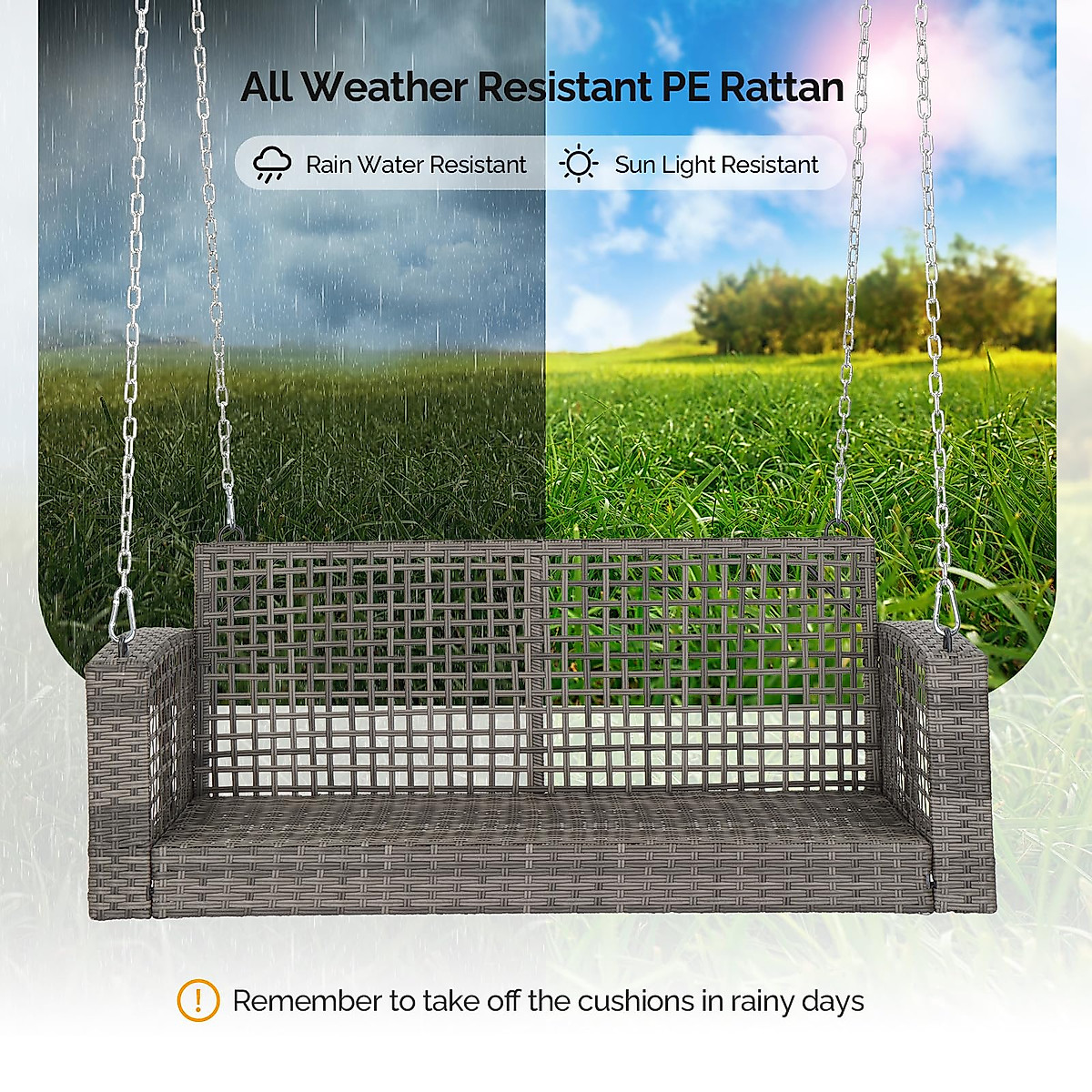 VINGLI 4 FT Rattan Porch Swing Outdoor Support 800 LBS with Cushions & Adjustable Chains, Patio Wicker Swing Bench Chair for Garden, Yard, Lawn, Tree, Grey