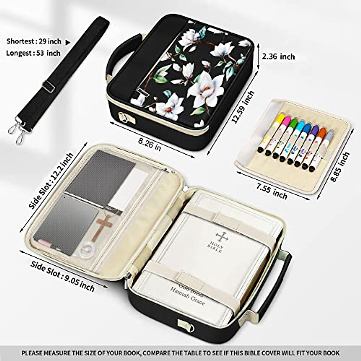 KWANITHINK Large Bible Covers for Women, Girls Bible Cover, Womens Bible Case Bible Bag Large Size, Bible Book Carrier, Bible Cover with Shoulder Strap, Carrying Church Book Case with Pockets (Black)