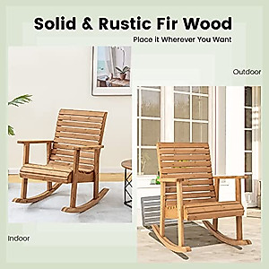 Giantex Wood Rocking Chair Outdoor - Outside Rocker with High Backrest, Wide Armrests, 330 Lbs Weight Capacity, Patio Rocking Chairs for Lawn, Backyard, Indoors, Deck, Garden, Porch Chair (1, Natural)
