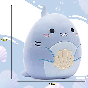 PLAYNICS Large Shark Plush Pillow Stuffed Animal Toy,Big Size Cute Soft 14" Fat Kawaii Hugging Pillows Cuddle Huggable Plushie,Gift for Children