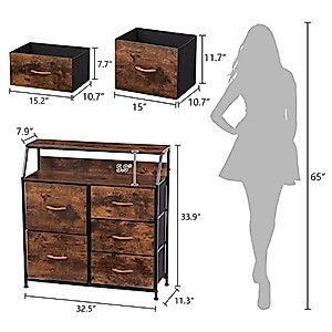 AIIT Kinlife Drawer Dresser Storage Tower, 5-Drawer Organizer Unit with MDF Board Tabletop, Organizer Tall Fabric Storage Tower for Bedroom Kitchen Living Room Study Entryway