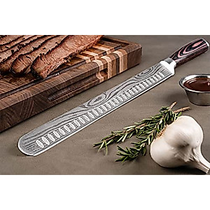 SENKEN 12" Brisket Knife with Engraved Damascus Pattern - Ultra Sharp Slicing Carving Knife for Brisket, Meat, Roasts, and Large Fruit - High Carbon Stainless Steel with Smoothly Finished Wood Handle