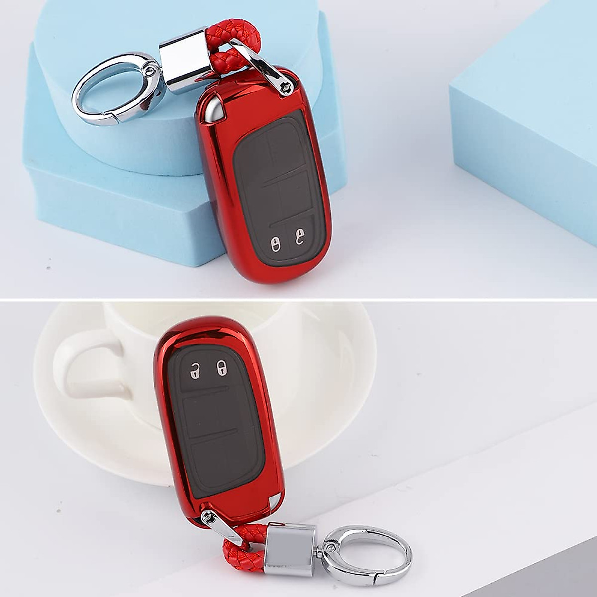 1797 for Dodge Jeep Key Fob Cover Challenger Charger Durango Journey Grand Cherokee Compass Renegade Car Key Chain Case Shell Protector TPU Red