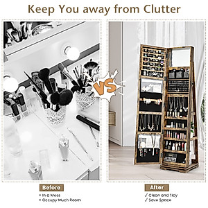 COSTWAY 360 Rotating Jewelry Armoire Cabinet, Standing Jewelry Organizer w/Full-Length Mirror & Large Storage Space, Lockable Mirror Jewelry Cabinet for Girls Women (Rustic Brown)