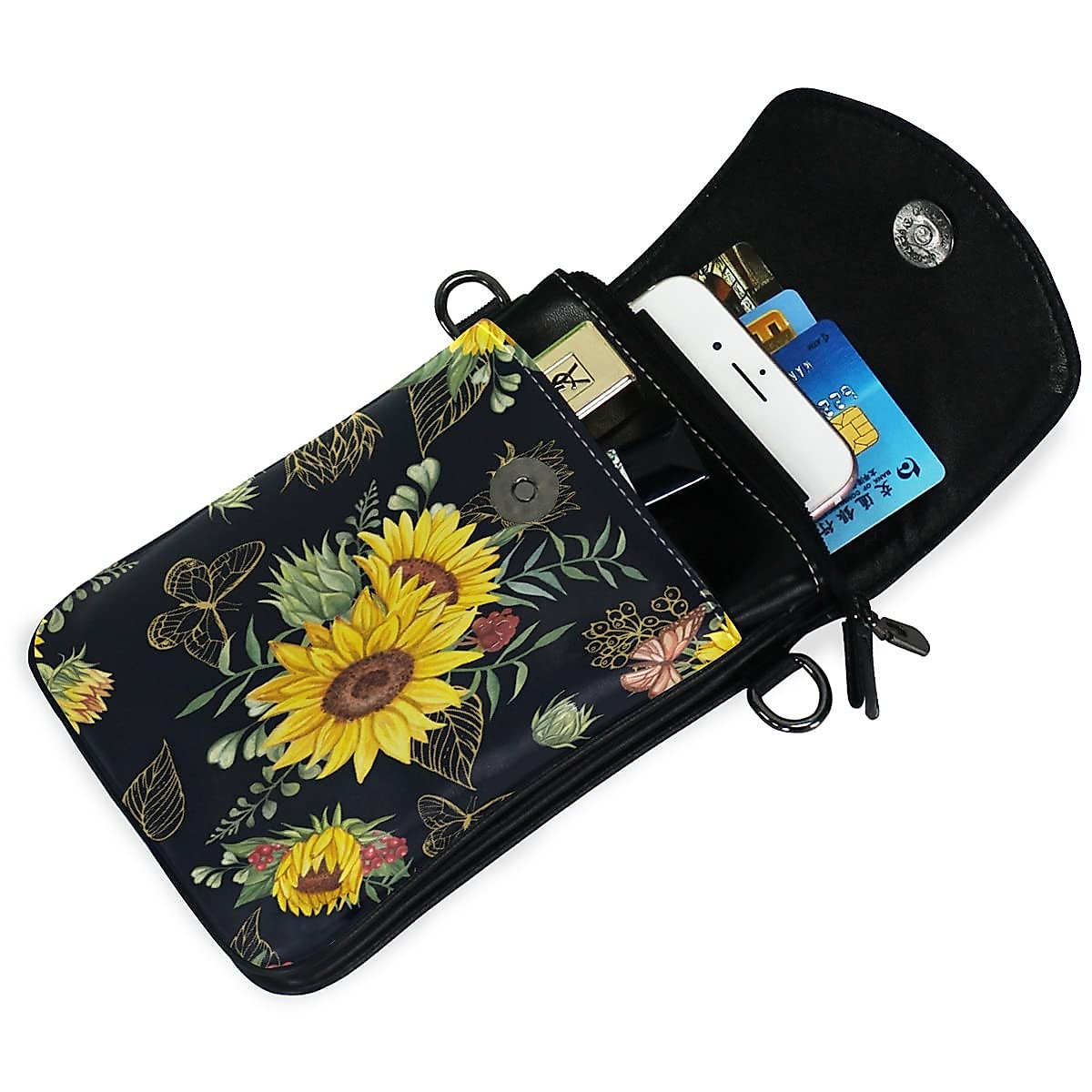 MNSRUU Leather Crossbody Bag Gold Butterflies And Sunflower Cell Phone Pouch Wallet with Credit Card Slots Small Shoulder Bag with Strap for Women