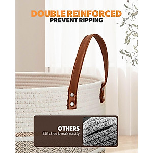 MOXTOYU Laundry Basket, Jute Dirty Laundry Hamper with Leather Handles, Woven Laundry Basket for Pillows, Blankets, Toys, Decorative Basket for Living Room, Bathroom, Bedroom - 72L Brown & White