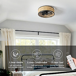 zheshirui Rattan Boho Ceiling Fan with Light Flush Mount, 20 Inch Caged Ceiling Fans with Light and Remote Control, Low Profile Enclosed 6 Speeds for Bedroom Kitchen Living Room