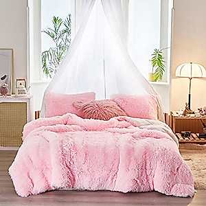 Luxury Faux Fur Shaggy Comforter Set King Size, Plush & Sherpa Reversible Comforter Pink, 3 Pieces Fluffy Fuzzy Bedding Set Ultra Soft and Warm for Winter (1 Comforter + 2 Pillowcases)