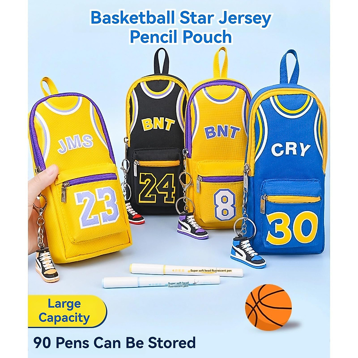 SIORTIO Pencil Pouch Basketball Jersey-Shaped Large Capacity Fashionable Minimalism + 6 Gel Pens & Sneaker Keychain (Blue 30)