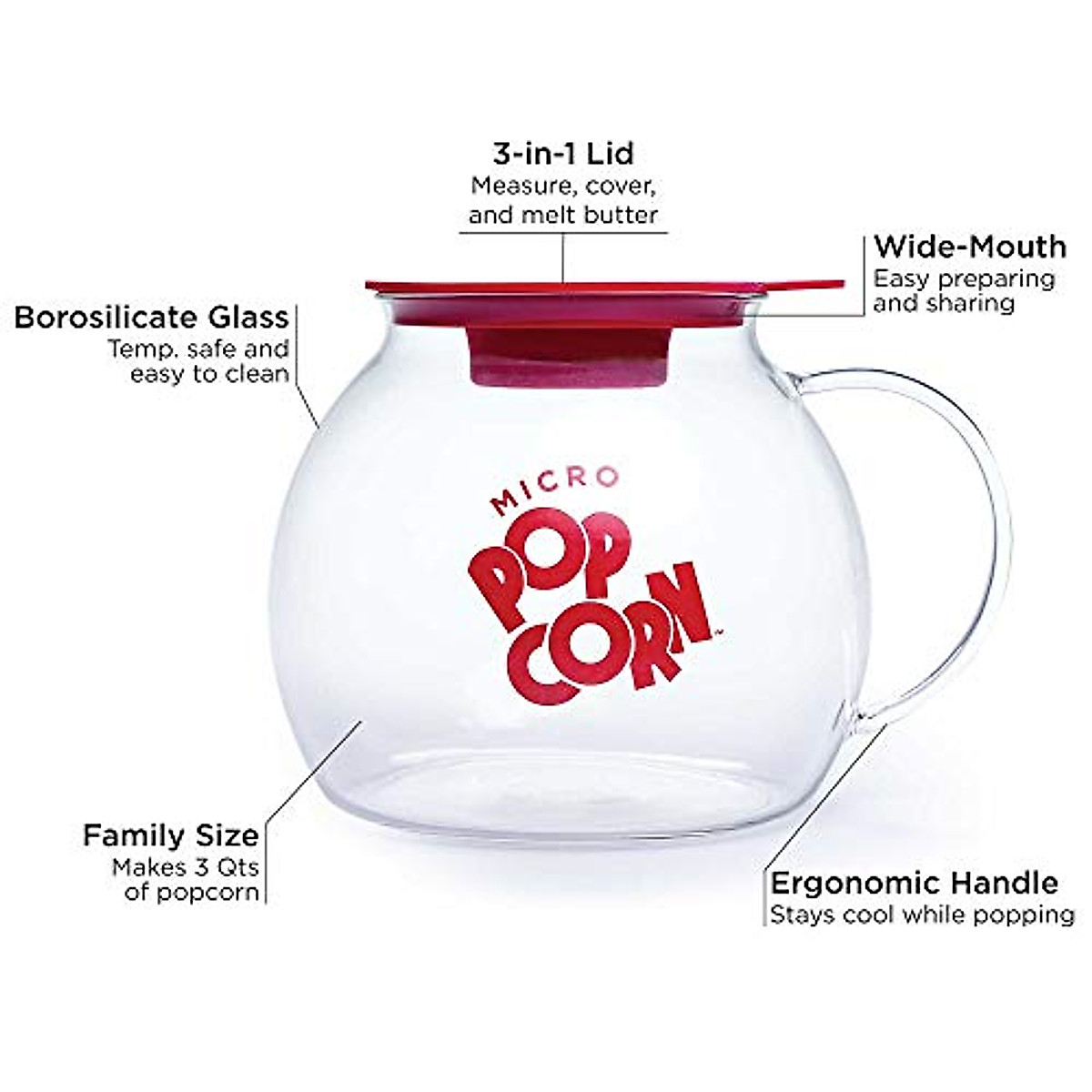Ecolution EKPCM-0025 Micro-Pop Popper, Glass Microwave Popcorn Maker with Dual Function Lid, 3 Qt
