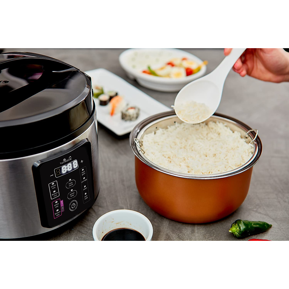 Yum Asia Kumo YumCarb Rice Cooker with Ceramic Bowl and Advanced Fuzzy Logic, (5.5 Cups, 1 Litre), 5 Rice Cooking Functions, 3 Multicooker Functions, 110V US Power (Light Stainless Steel)