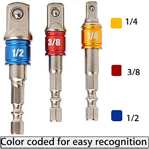 ACENIX 3 Pcs Set Power Hand Tools Driver Extension Socket Adapter Sets, 3Pcs 1/4" 3/8" 1/2" Hex Shank Bit Square Nut Driver Set Power Drill Cordless Impact Sockets Bit Set Adapter