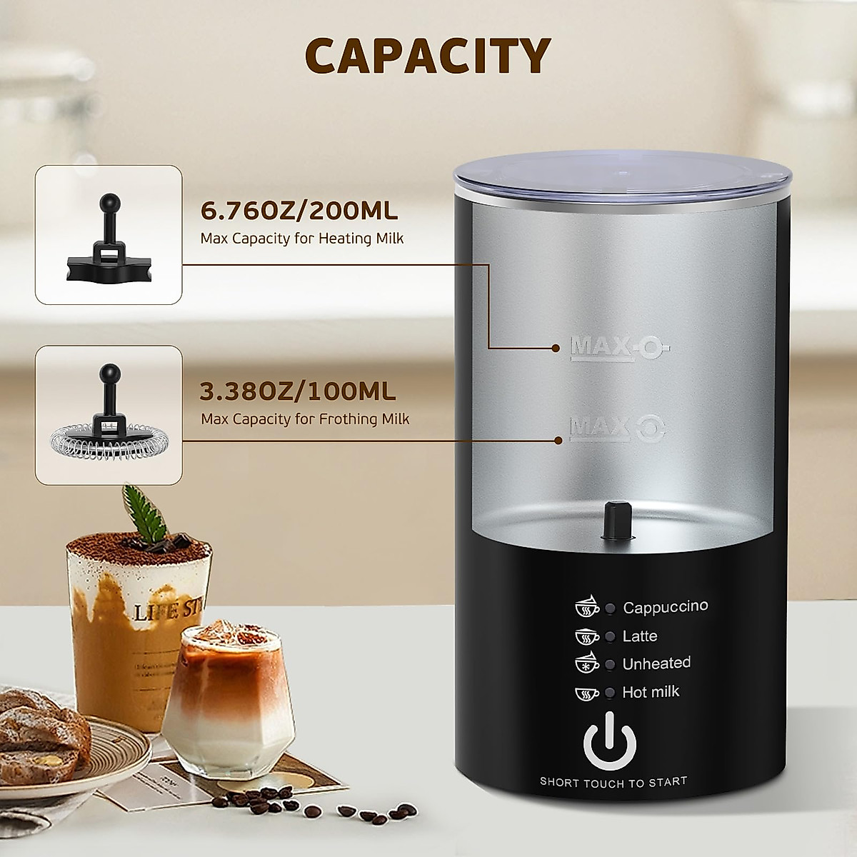 Milk Frother, 4 in 1 Electric Milk Frother and Steamer, Stainless Steel Automatic Hot and Cold Foam Maker with Temperature Control for Coffee, Latte, Hot Chocolate, Cappuccinos, Macchiato, Black