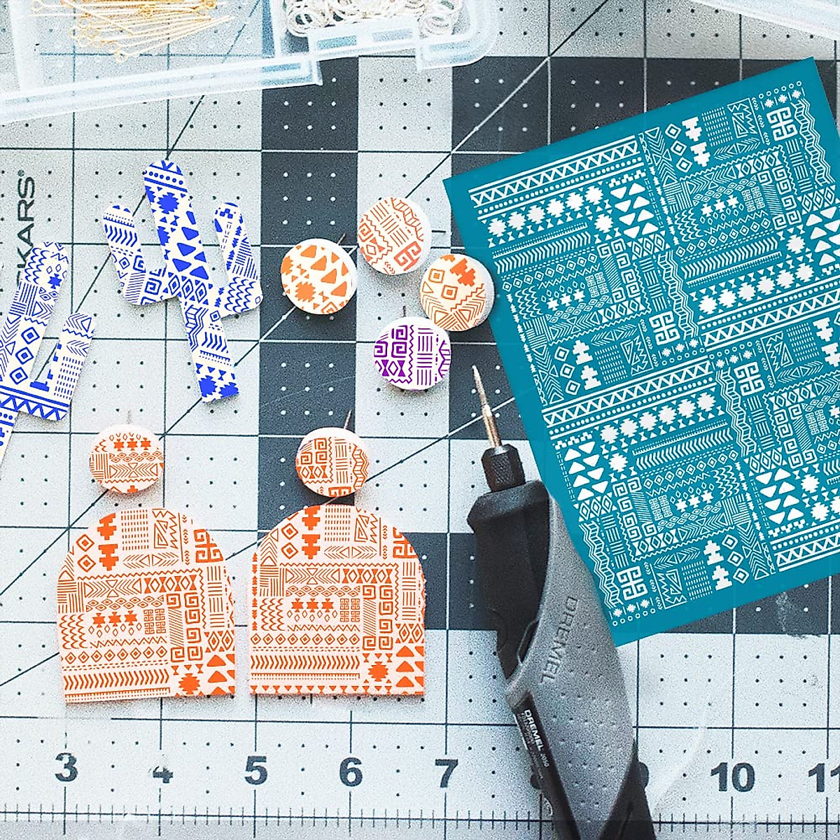 OLYCRAFT 4x5 Inch Tribal Geometric Clay Stencils Tribal Pattern Silk Screen for Polymer Clay Floral Silk Screen Stencils Mesh Transfer Stencils for Polymer Clay Jewelry Making