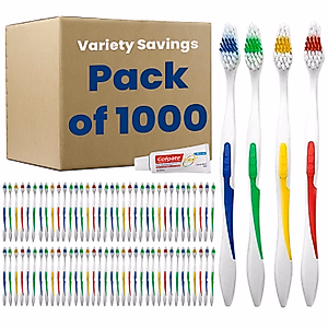 Variety Savings 1000 Toothbrushes Bulk Wholesale Quantity Standard Size, Dental Care Toiletries, Medium Soft Bristles, Individually Wrapped, Homeless Care, Disposable Use, Hotels, Travel,