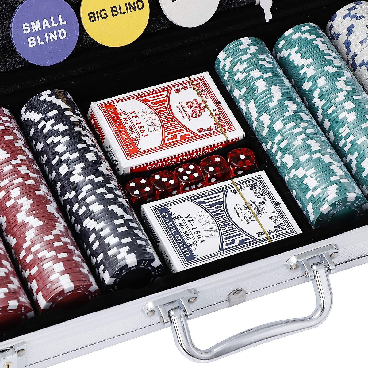 Smartxchoices 500 PCS Poker Chip Set 11.5 Gram Dice Style Clay Casino Poker Chips w/Aluminum Case Cards Dices Blind Button for Texas Holdem Blackjack Gambling