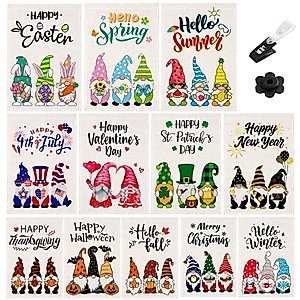 Seasonal Garden Flag Set of 12 Spring Garden Flags 12x18 Double Sided Summer Garden Flag Gnome Patriotic Garden Flag Welcome Yard Flag Small Burlap Garden Flags for Outside w/Anti-Wind Clip & Stopper