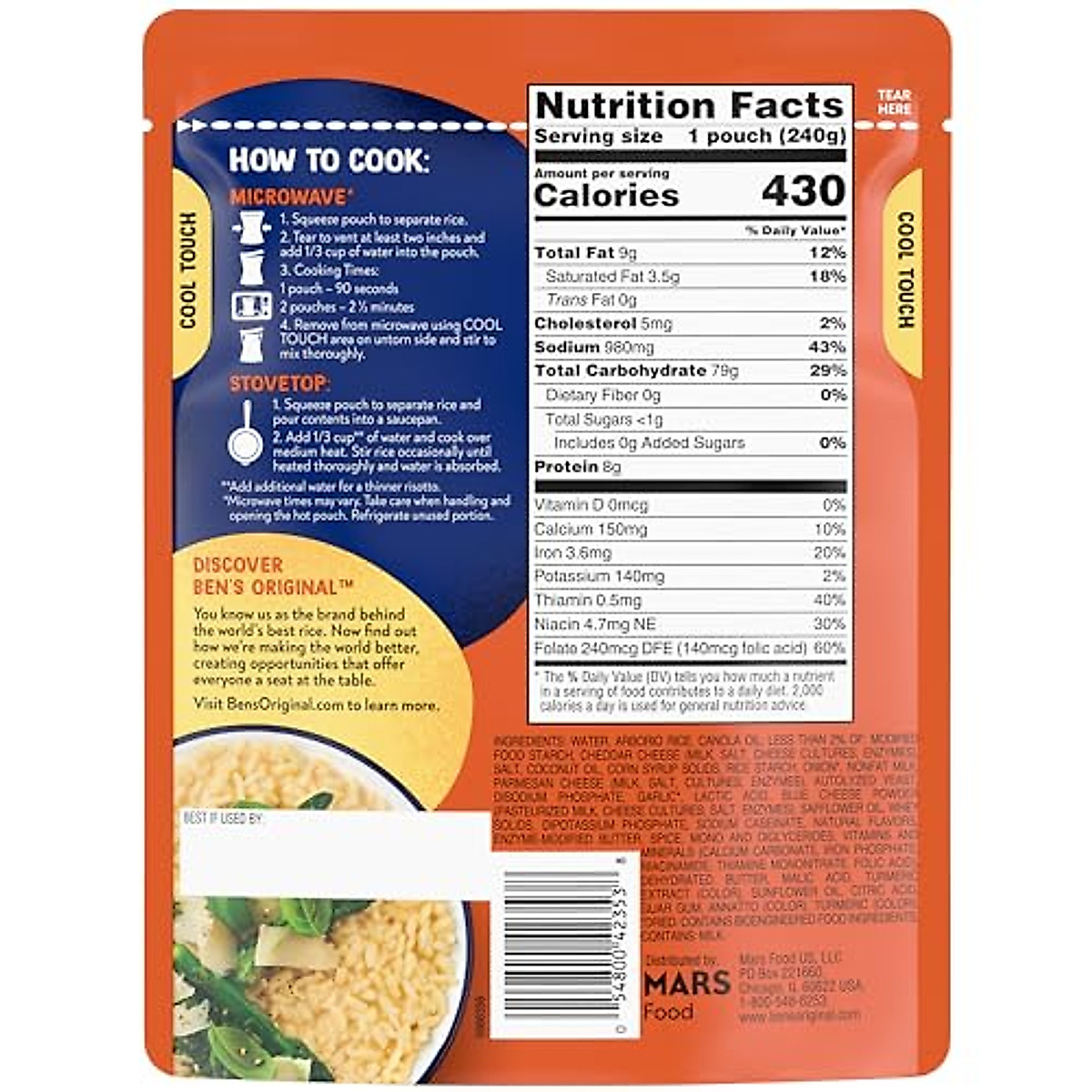 BEN'S ORIGINAL Ready Rice Cheese Risotto Flavored Rice, Easy Dinner Side, 8.5 oz Pouch
