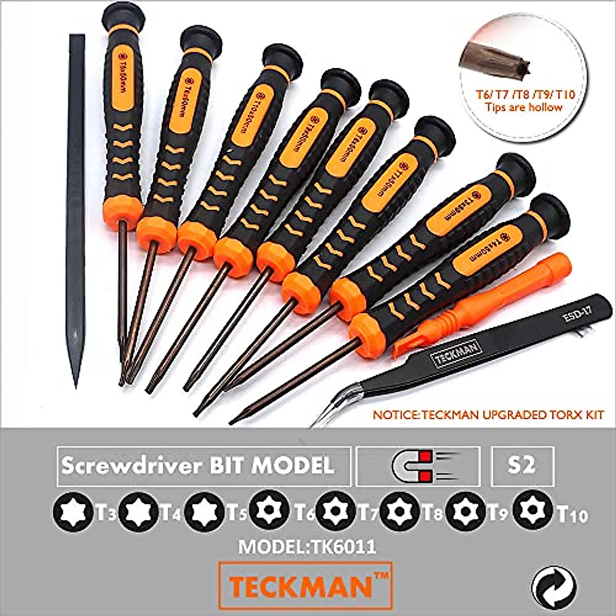 TECKMAN 11 in 1 Torx Screwdriver Set with T3 T4 T5 T6 T7 T8 T9 T10 Security Torx Screwdriver & Tweezer,Magnetic Screwdrivers Precision Repair Kit for Xbox,PS4,Macbook,Computer,Ring Doorbell & Knife