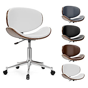 OKAKOPA White Desk Chair Small Office Chair 360° Swivel Height Adjustable Modern Office Chair Ergonomic Curved Wood Desk Chairs Leather Armless Desk Chair with Wheels (White with Wrap Edge)