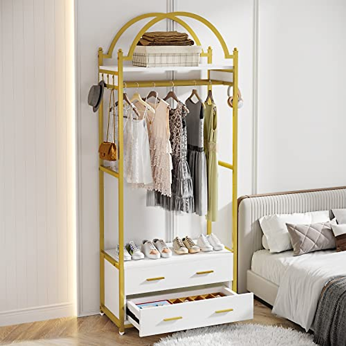 LITTLE TREE Tall Clothes Rack Shelves with Shelves Drawers and Hooks, Modern Arced Closet Organizer Heavy Duty Garment Clothing Freestanding Wardrobe Storage Shelving with Hanging Rod, White Gold