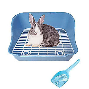 Hamiledyi Small Animal Rabbit Litter Box, Plastic Square Cage Toilet, Corner Pan with Grate, Potty Training for Bunny, Guinea Pigs, Chinchilla, Ferret, Hamster(Blue)