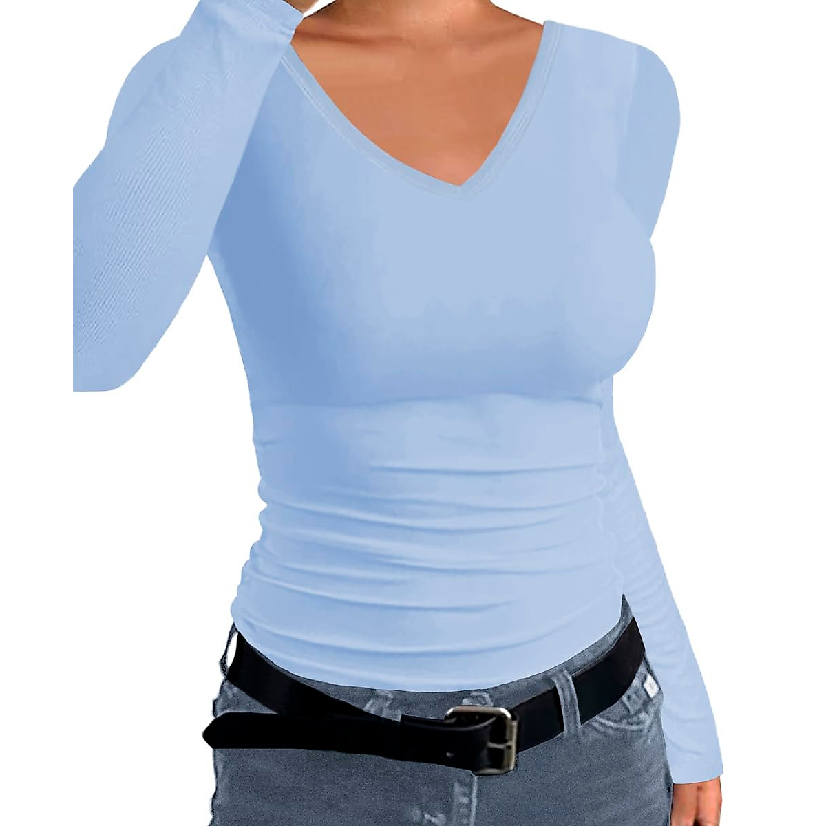 Afibi Women Ribbed Long Sleeve V Neck Slim Fit Stretchy Basic T Shirts Tops (Medium, Sky Blue)