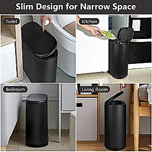 Trash Can, 10 Liter / 2.4 Gallon Plastic Slim Garbage Container Bin with Press Top Lid, Waste Basket for Kitchen, Bathroom, Living Room, Office, Narrow Place（Black）