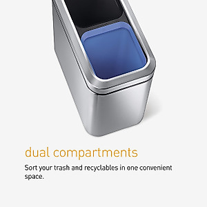 simplehuman 20 Liter / 5.3 Gallon Dual Compartment Slim Open Top Recycling Trash Can, Commercial Grade Heavy Gauge White Stainless Steel