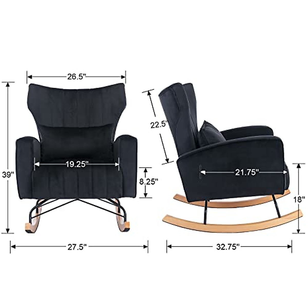 DM Furniture Velvet Rocking Chair Upholstered Nursery Glider Rocker for Baby Comfy Nursing Armchair Side Accent Chair for Living Room Bedroom, Black