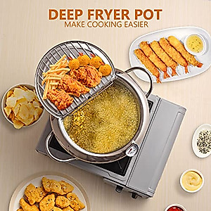 deep Fryer Pot,304 Stainless Steel with Temperature Control and Lid Japanese Style Tempura Fryer Pan Uncoated Fryer Diameter: 9.4"