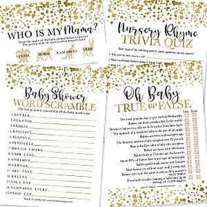25 Gold Word Scramble For Baby Shower, 25 True Or False Game, 25 Baby Animal Matching, 25 Nursery Rhyme Game - 4 Double Sided Cards Baby Shower Ideas, Baby Shower Party Supplies